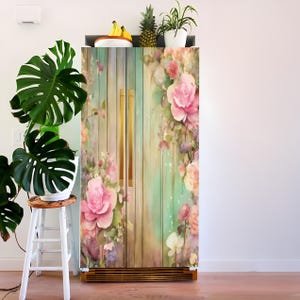 Pink Flowers Refrigerator Wrap Vinyl, Wooden Texture Peel &stick ...