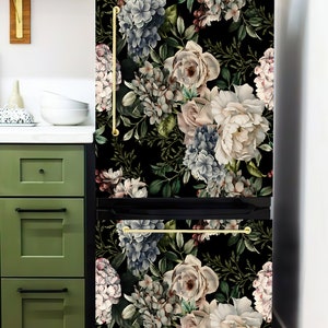 Vintage Dark Floral Fridge Wrap, Retro Peonies Refrigerator Decal ...