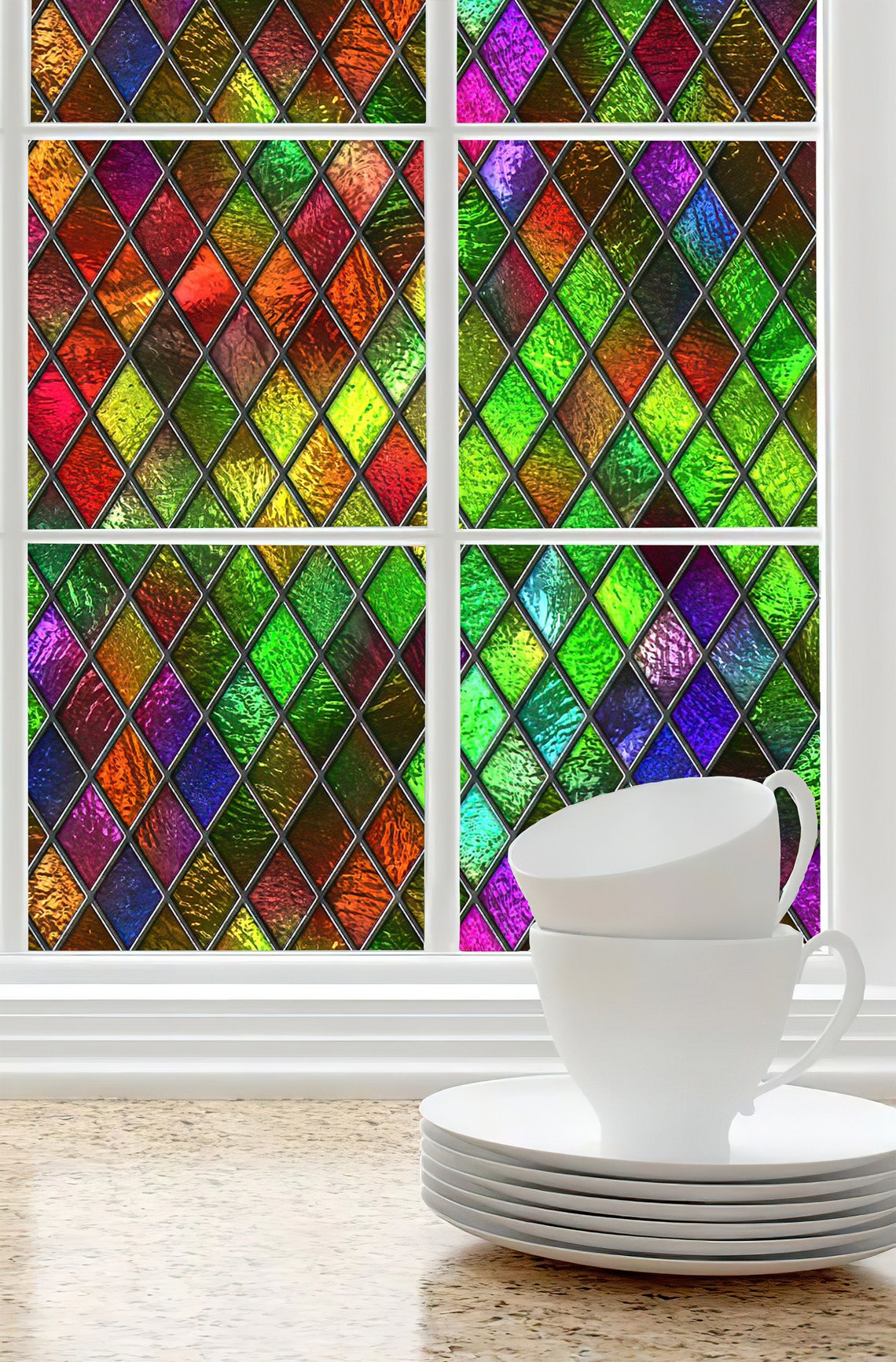 Colorful Retro Rhombus Stained Glass Window Covering - Etsy
