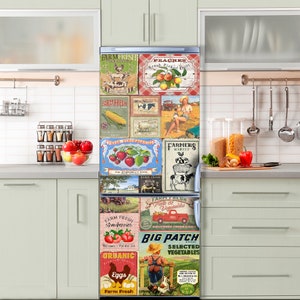 Retro Farm Labels Fridge Wrap, Vintage Food Signs Door Mural, Side by ...