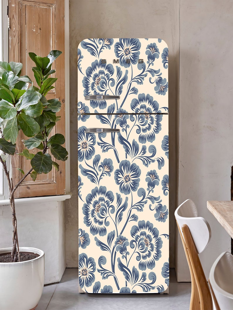 Vintage Floral Fridge Wrap Watercolor Blue Flowers Door - Etsy