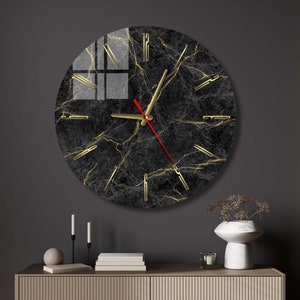 Acrylic Glass Wall Clock, Gold & Black Marble, Non-ticking Clock, Large ...
