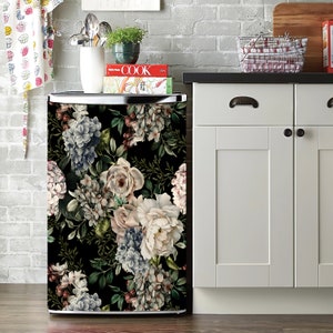 Vintage Dark Floral Fridge Wrap, Retro Peonies Refrigerator Decal ...