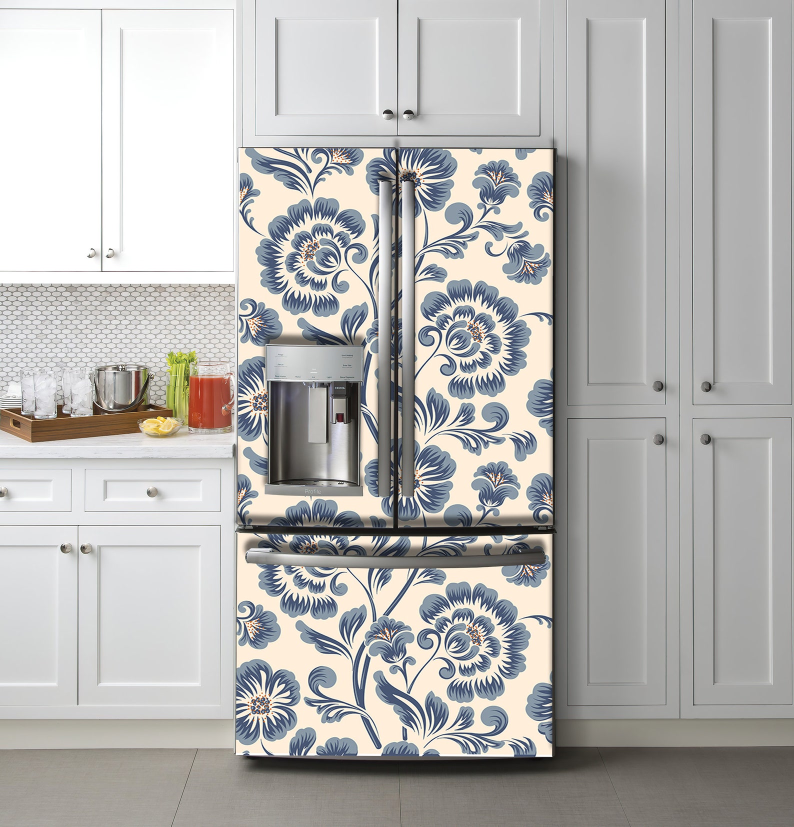 Vintage Floral Fridge Wrap, Watercolor Blue Flowers Door Mural,beige ...