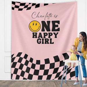 One Happy Dude Custom Birthday Banner, Retro Smiley Face Boy Birthday ...