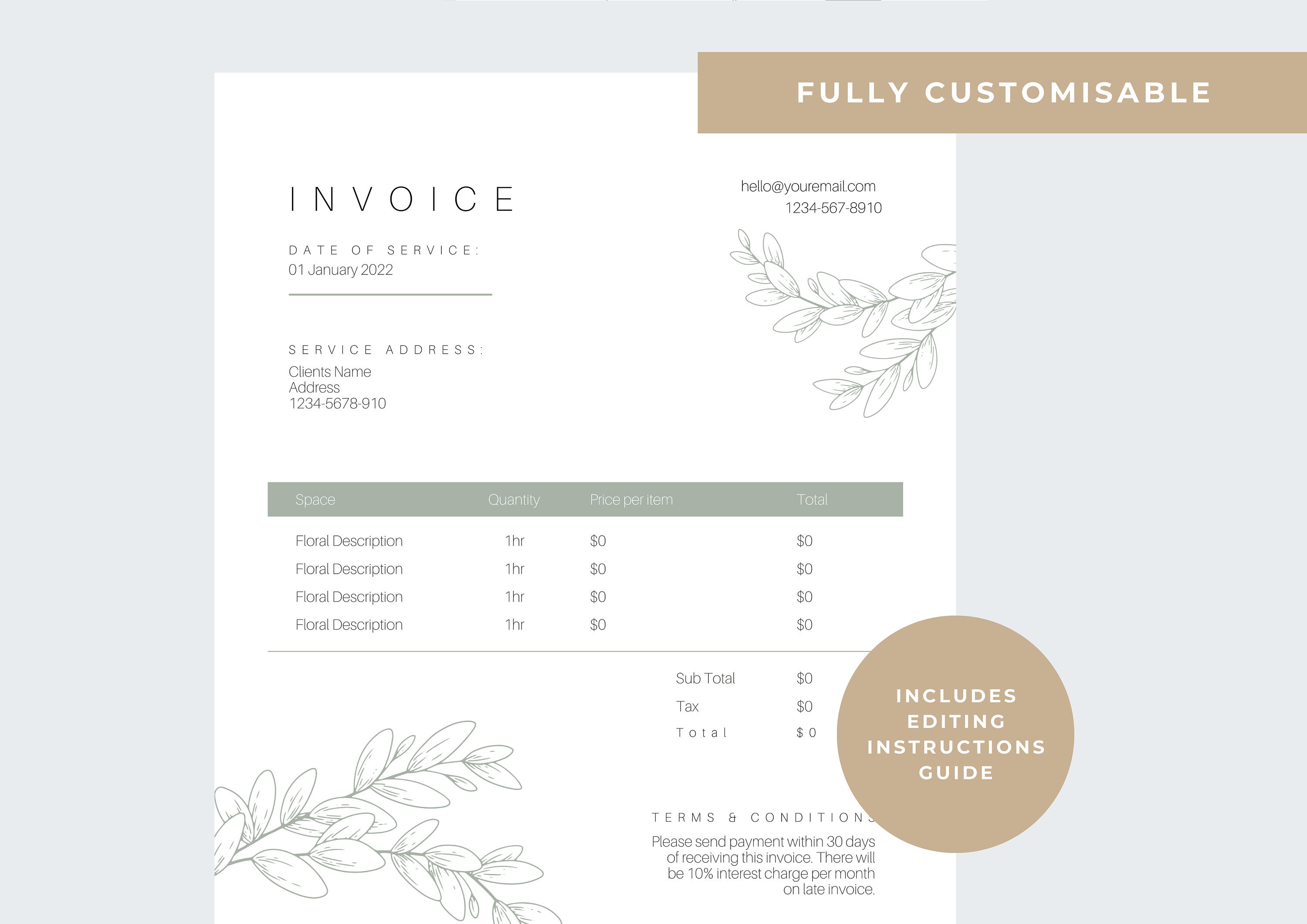 Florist Invoice Template Services Invoice Fully Editable - Etsy UK