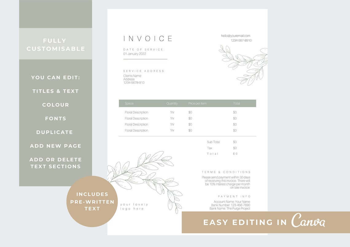 Florist Invoice Template Services Invoice Fully Editable - Etsy UK