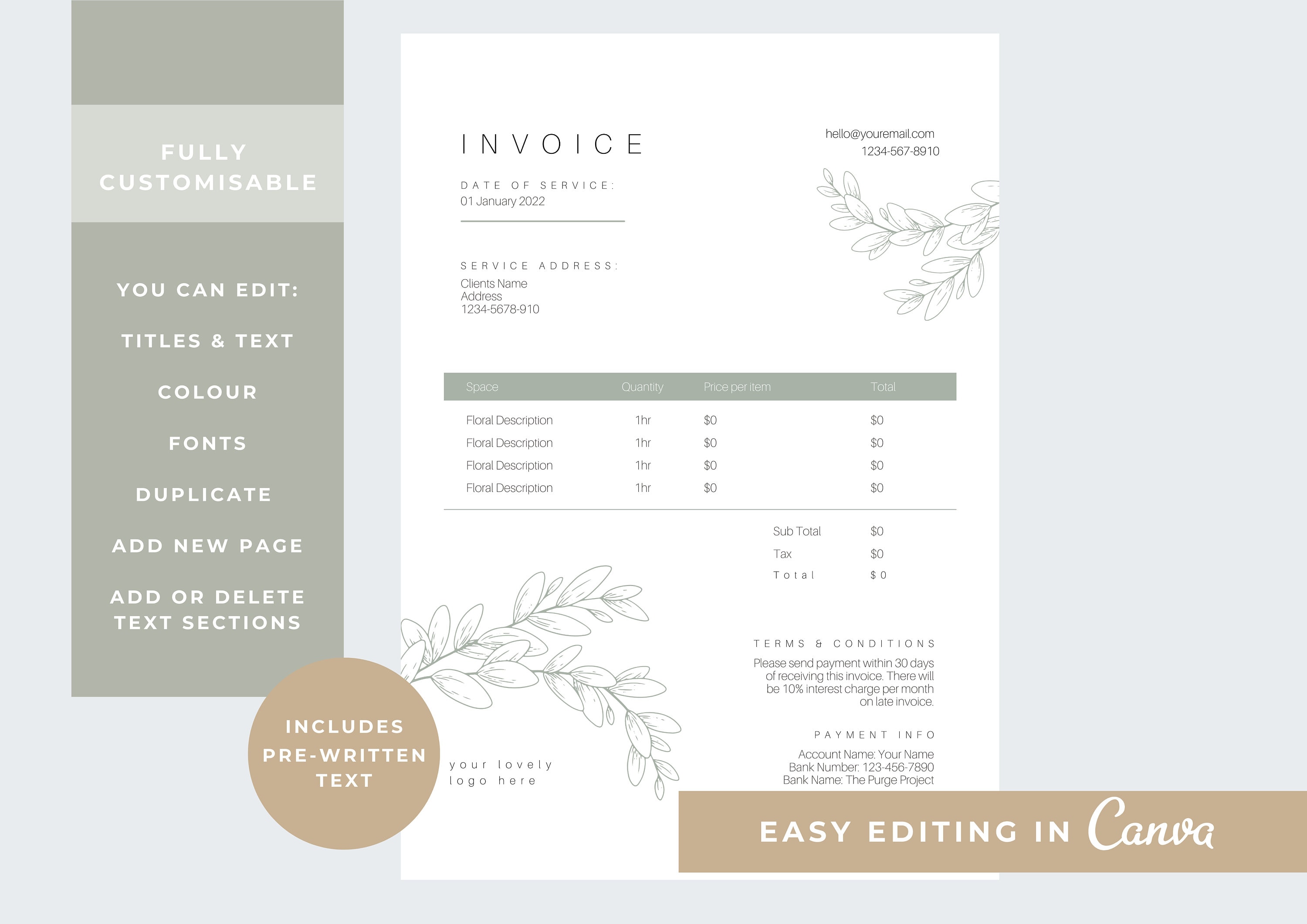 Florist Invoice Template Services Invoice Fully Editable - Etsy UK
