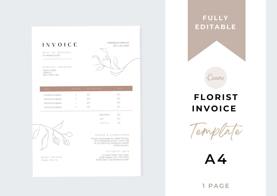 Florist Invoice Template: Editable A4 Printable (digital Download) - Etsy