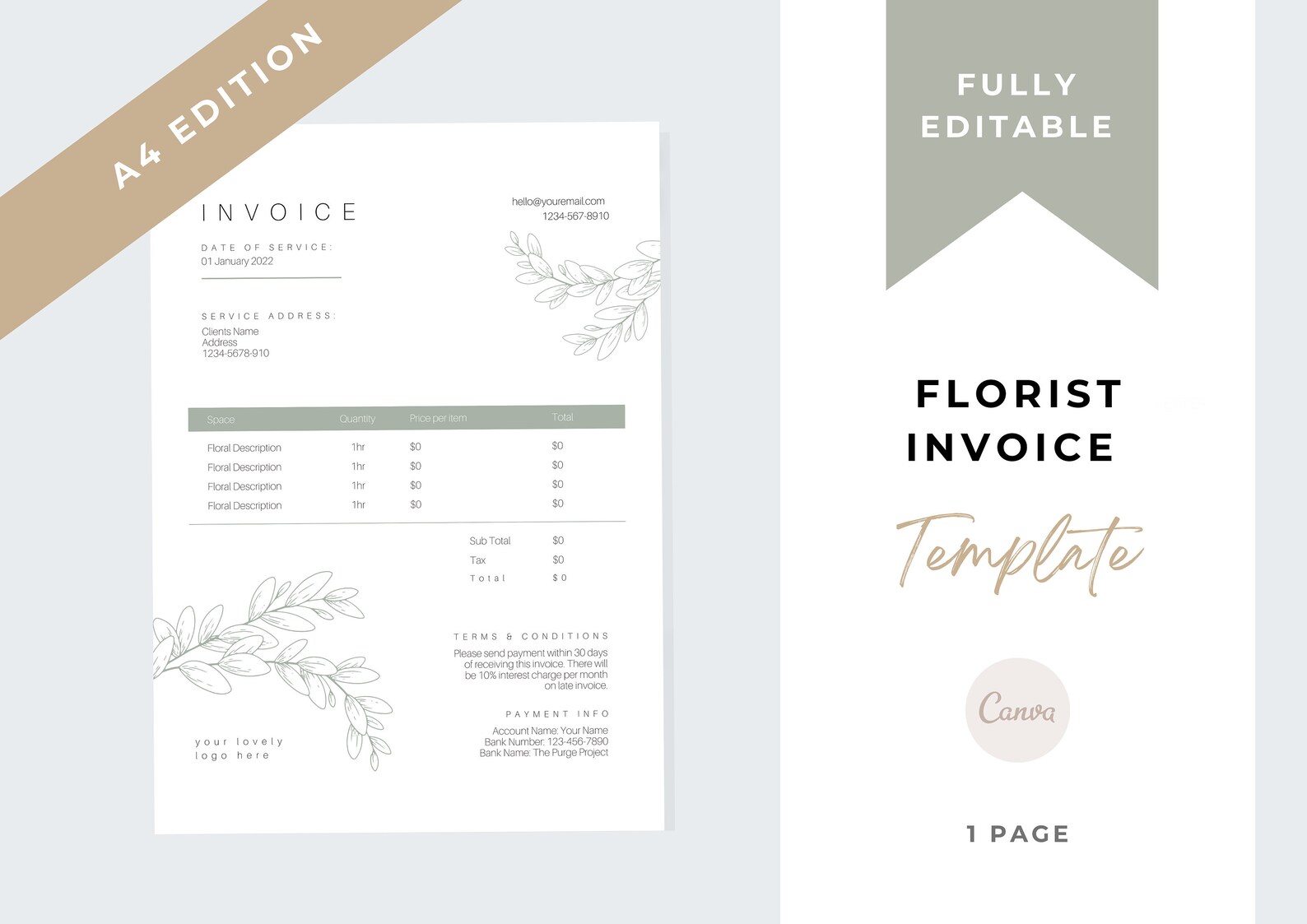 Florist Invoice Template Services Invoice Fully Editable - Etsy UK