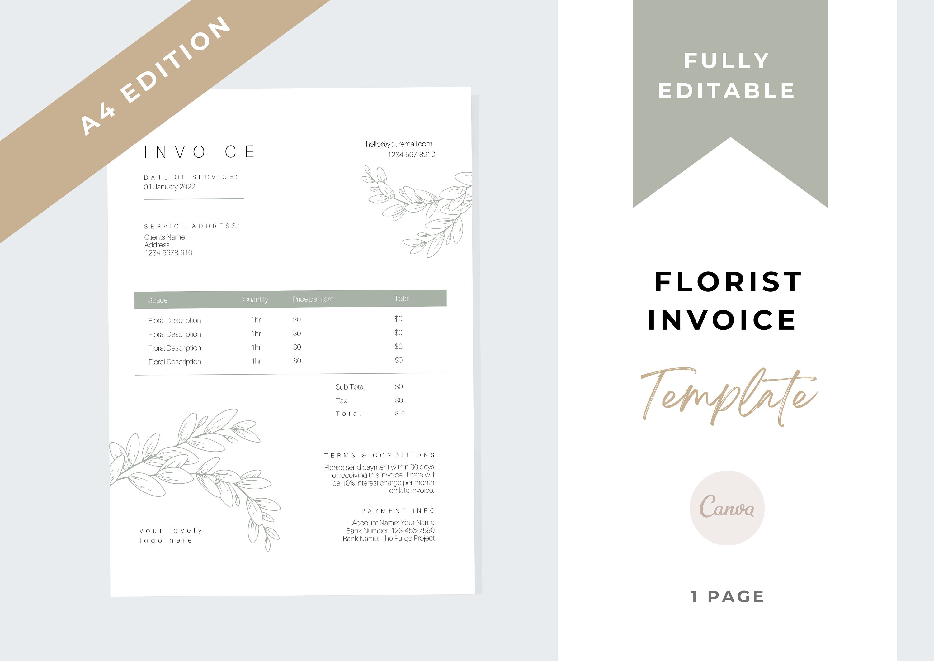 Florist Invoice Template Services Invoice Fully Editable - Etsy UK