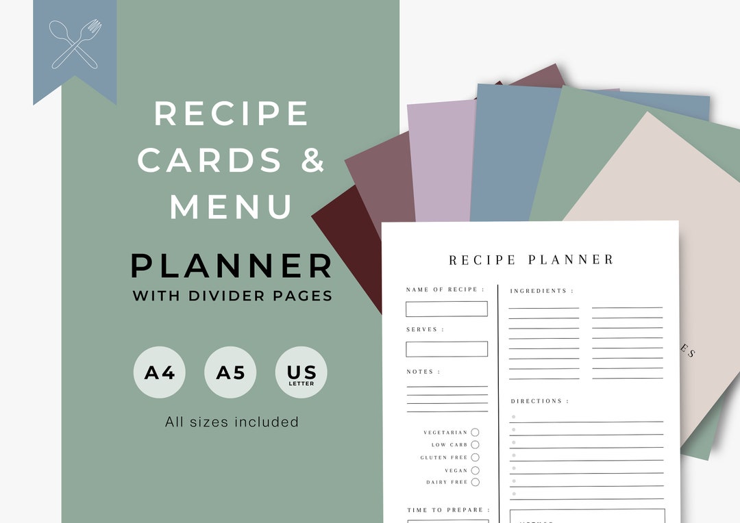 Recipe Cards and Menu Planner, Family Recipe Planner, Instant Download ...