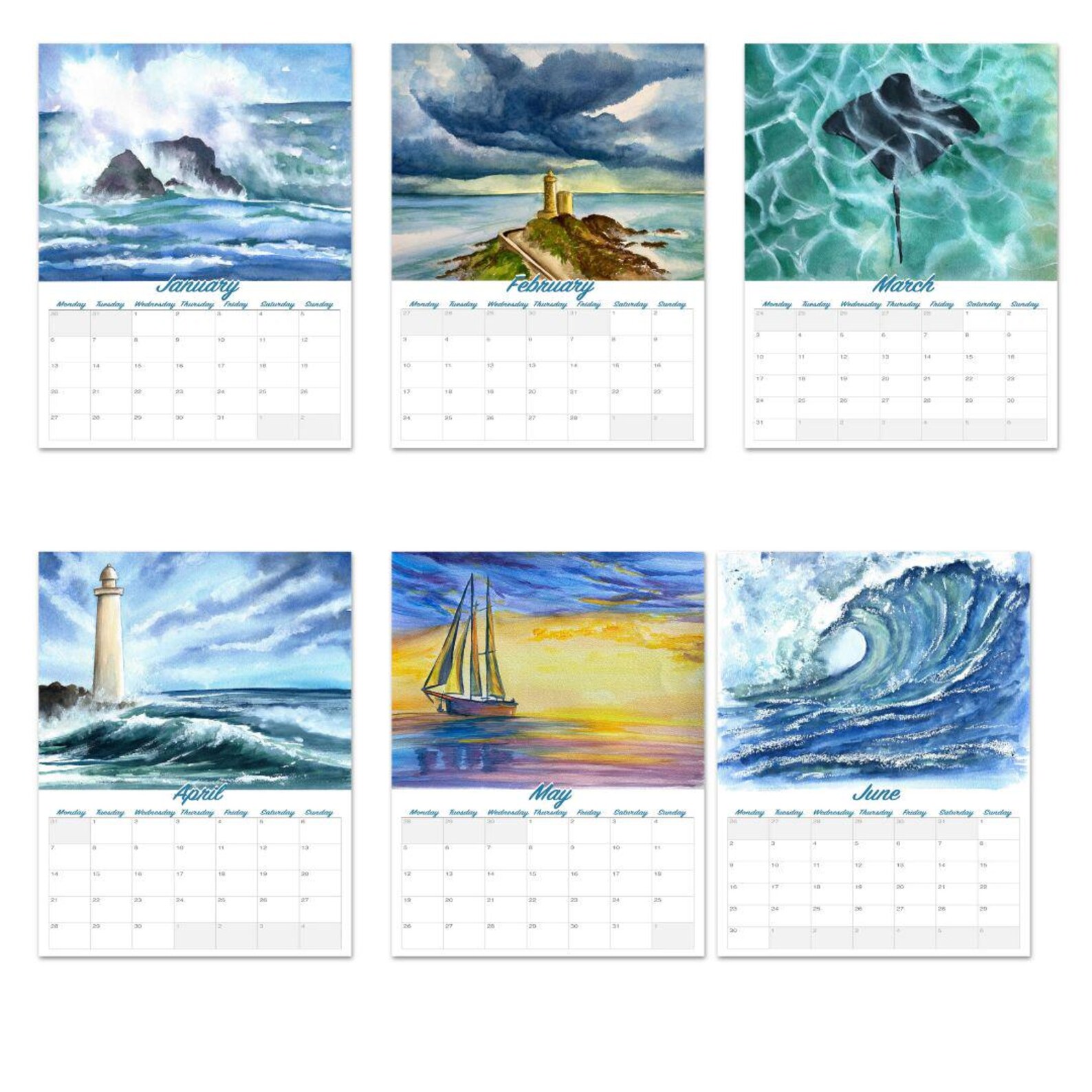 Watercolor Calendar 2025 , 2025 Calendars, Ocean Calendar, 12 Month ...