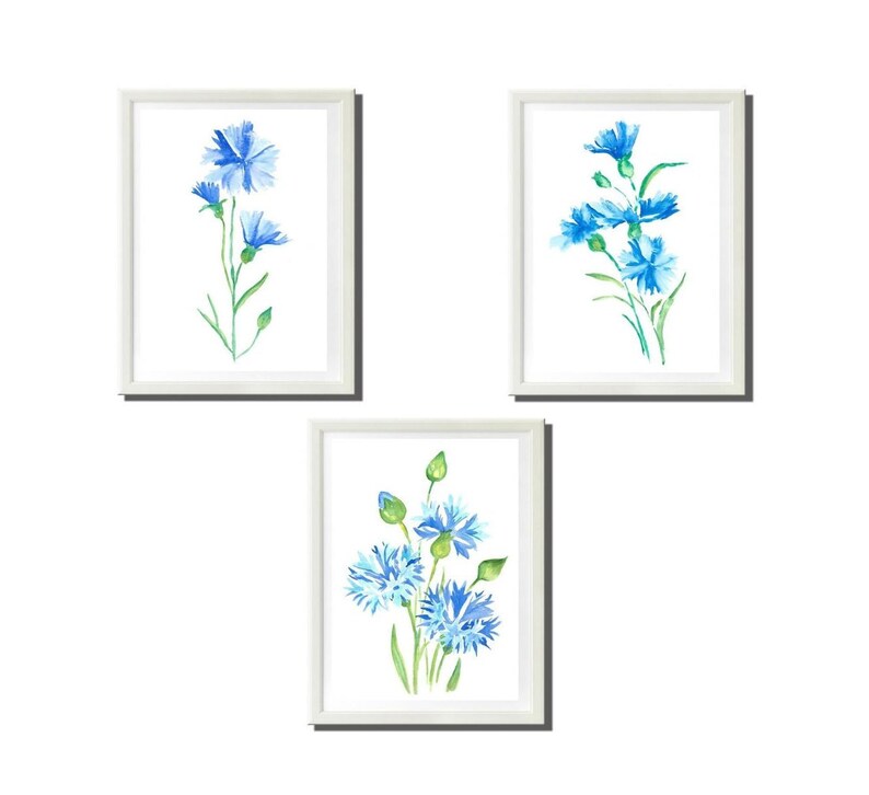 Botanical Watercolour Set of 3 Flowers Prints Blue Art Watercolor ...