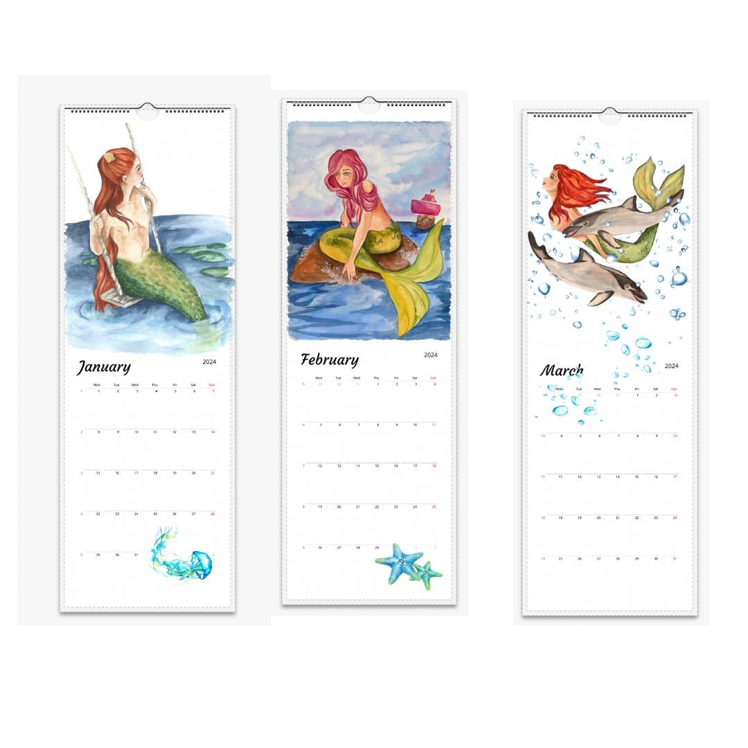 Mermaid Calendar for Wall, 2024 Wall Calendar, Art Calendar, Wall ...