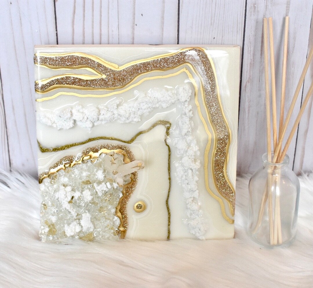 Mini Geode Art | 8x8, White + Pearl | Quartz Crystals, Resin Geode Art ...
