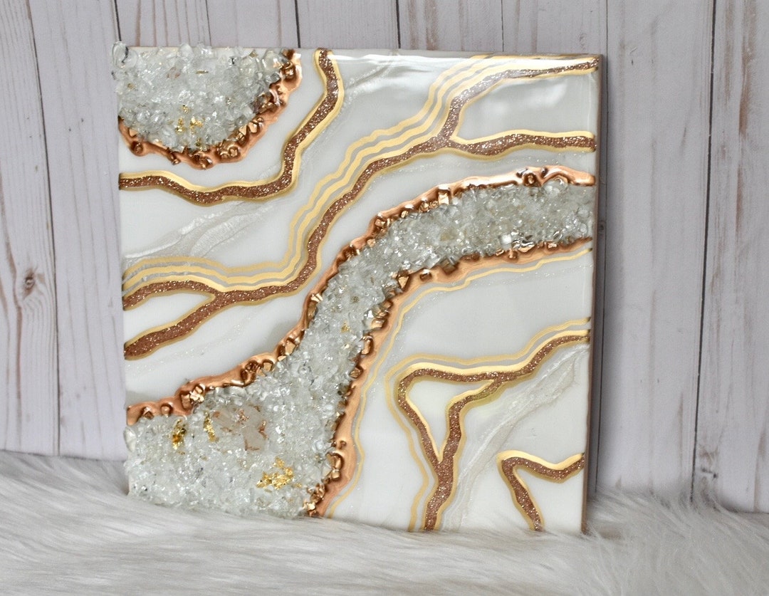 12x12 Geode Art | White, Pearl + Gold | Quartz Crystals, Resin Geode ...