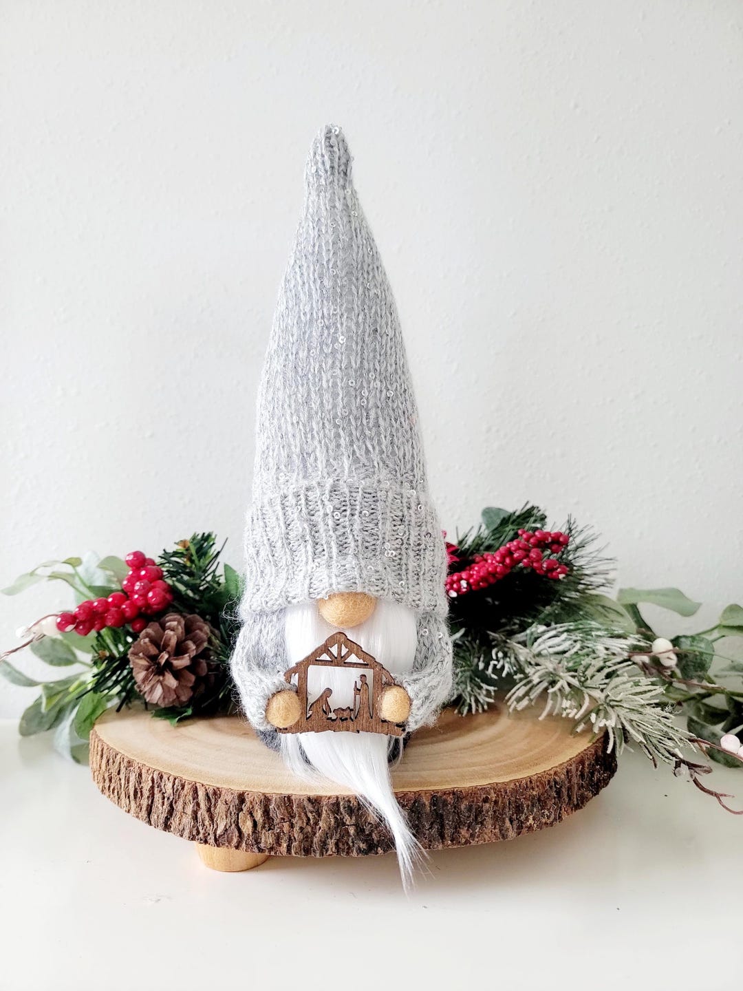 Nativity Decor Handmade Silver Gnome Holding Wooden Nativity Christmas ...