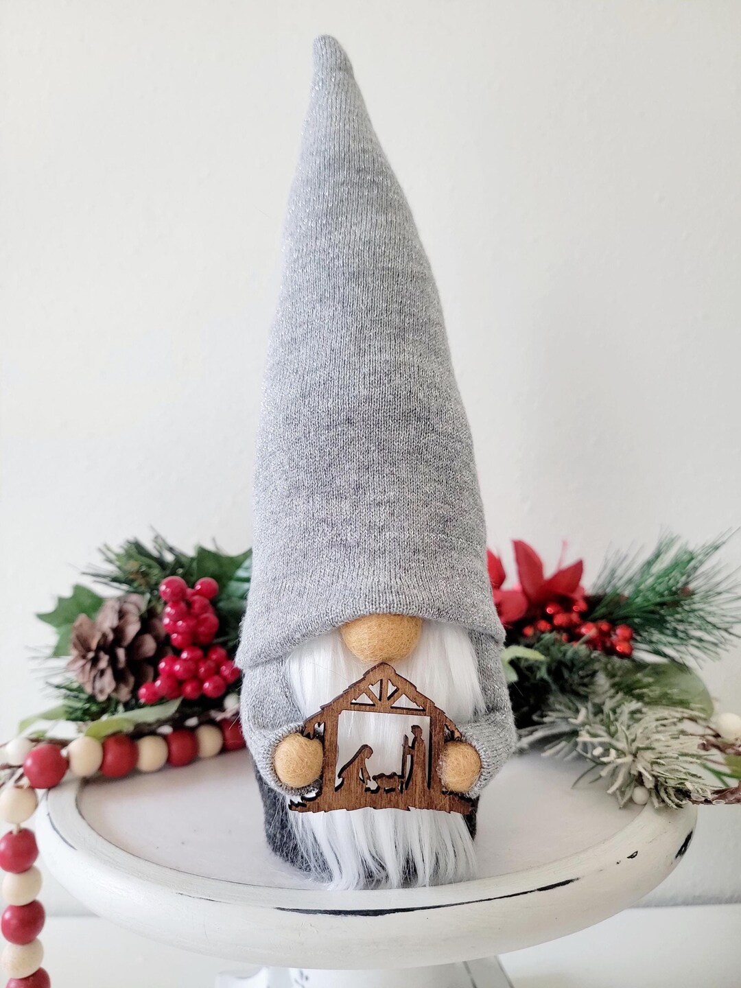 Nativity Decor Handmade Silver Gnome Holding Wooden Nativity Christmas ...