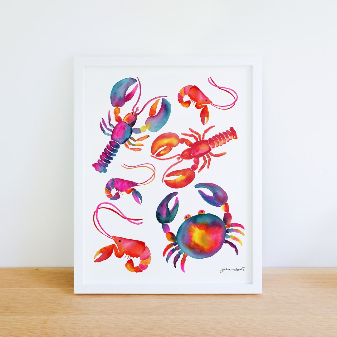 Lobsters Crabs Art Print Watercolor Food Artwork Kitchen Wall Decor ...