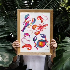 Lobsters Crabs Art Print Watercolor Food Artwork Kitchen Wall Decor ...