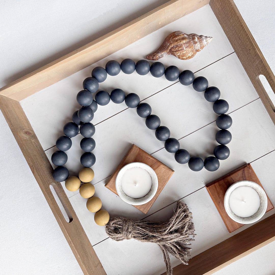 Oversized Wood Bead Garland With Hemp Tassel: Matte Black & Mustard ...