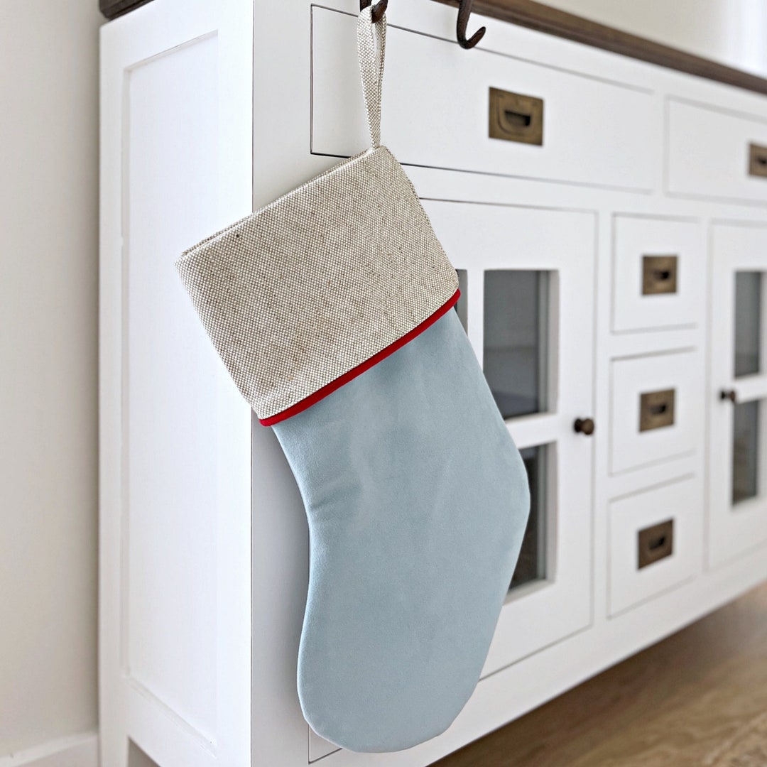 Sky Blue Velvet Christmas Stocking With Neutral Linen Cuff and Scarlet ...