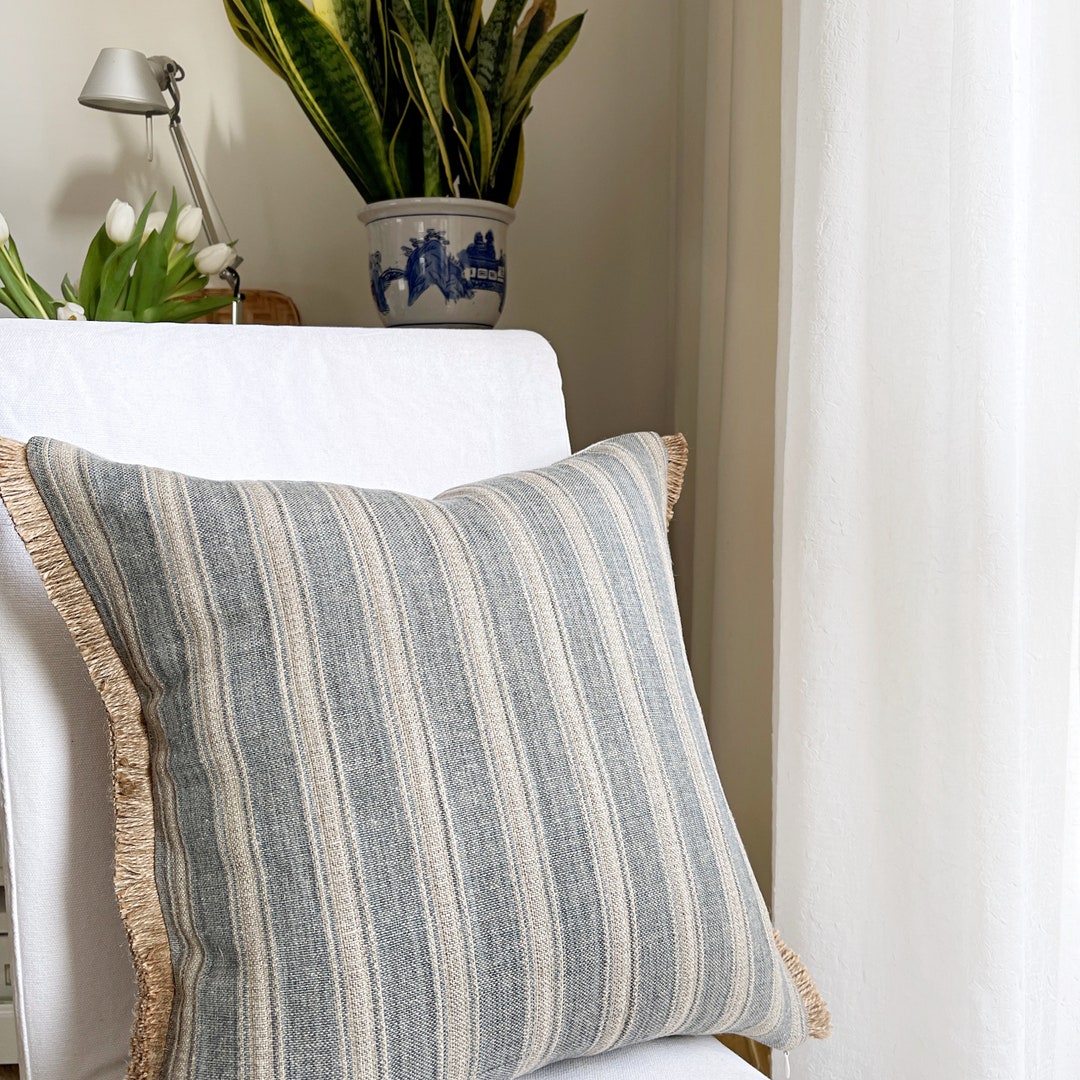 Hamptons Style Throw Pillow Cover With Fringe, Blue Coastal Cushion ...