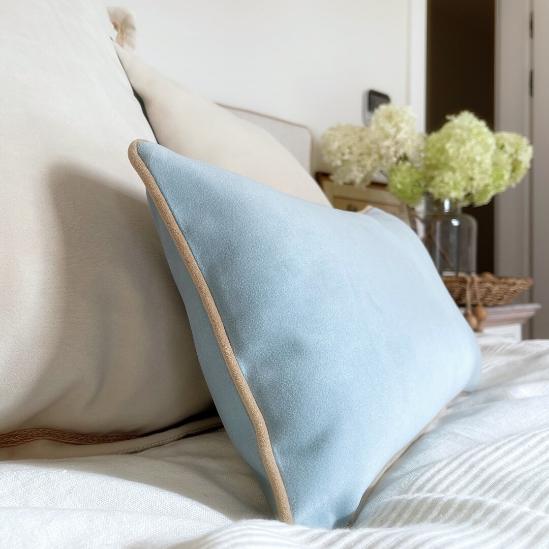 Light Blue Velvet Pillow Cover: Caramel Brown Piping, Italian ...
