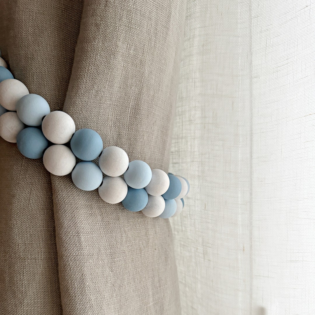 Blue & White Beaded Curtain Tiebacks: Nursery Window Decor - Etsy