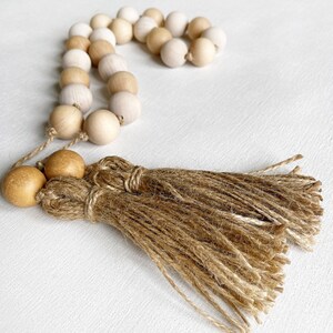 Eclectic Oversized Wood Beads Garland With Tassels, Whitewashed and ...