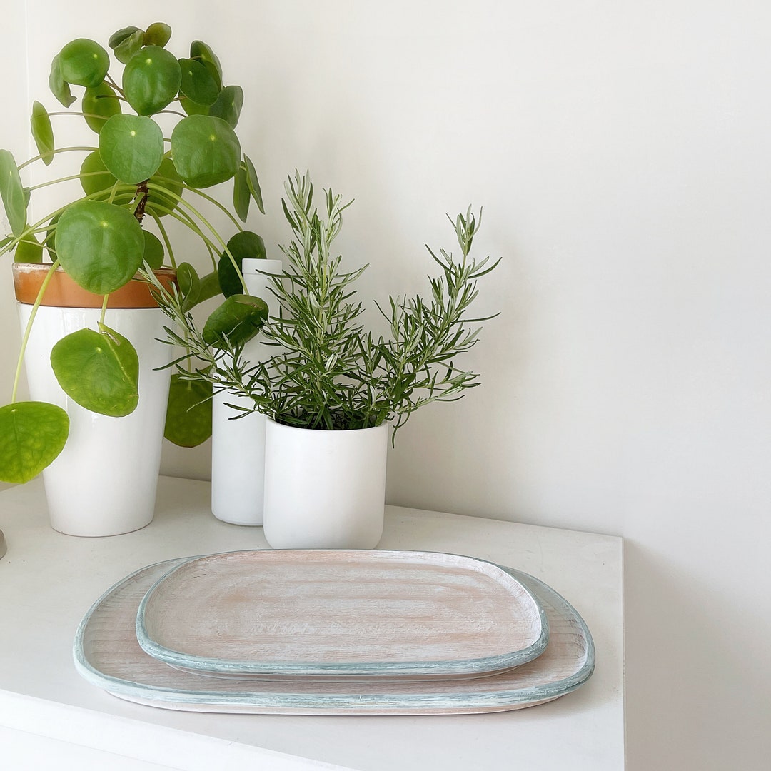 2 Decorative Wooden Trays With Sage Green Edge Whitewashed - Etsy