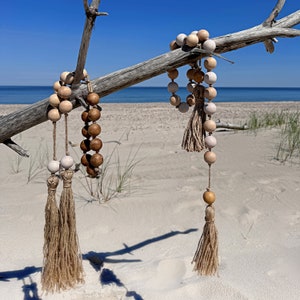 Eclectic Oversized Wood Beads Garland With Tassels, Whitewashed and ...