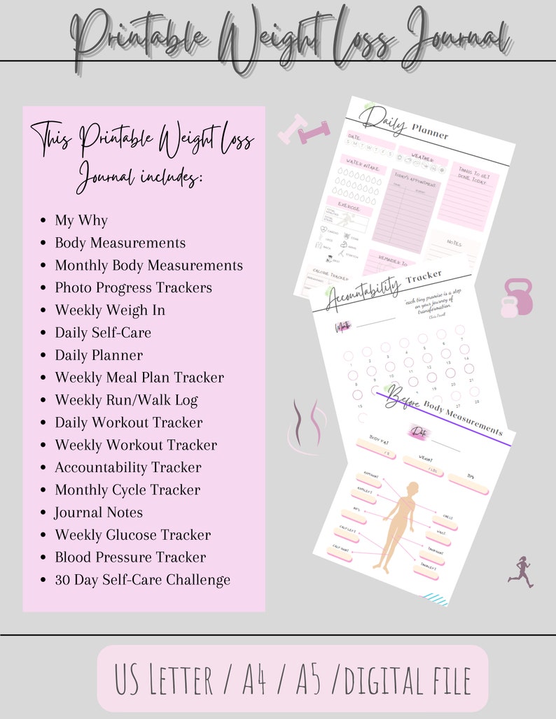 Printable Weight Loss Journal Weight Loss Tracker Fitness Tracker ...