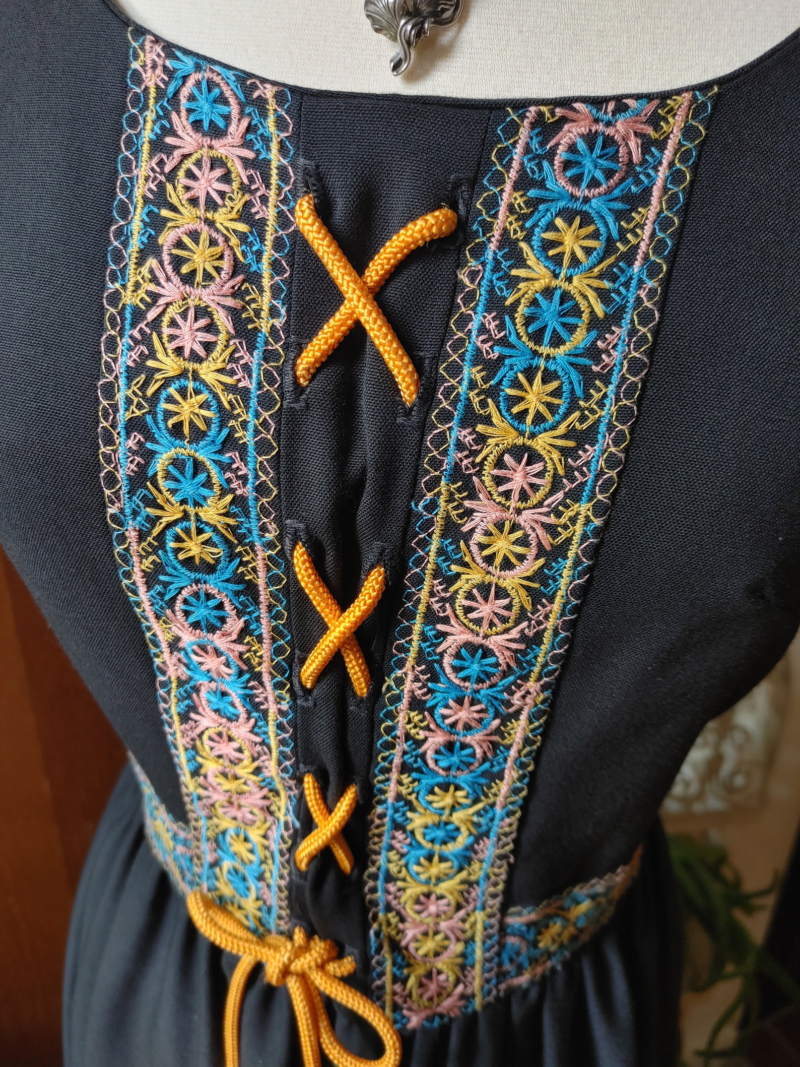 1970s Rainbow Embroidered Vicky Vaughn Folk Dress Vintage Prairie ...