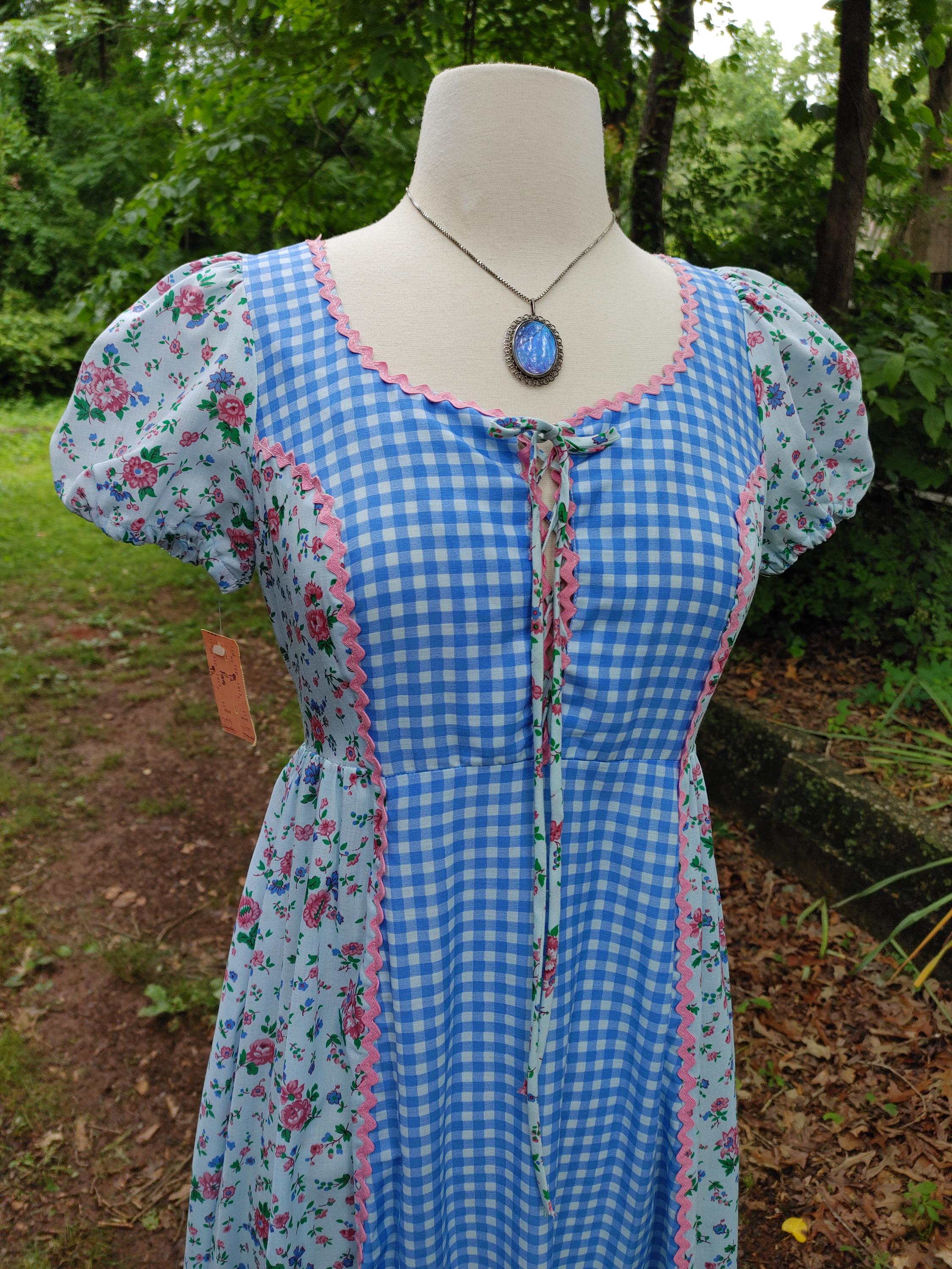 1970s NWT Deadstock Blue Gingham Rose Print Prairie Maxi Sundress Oops ...