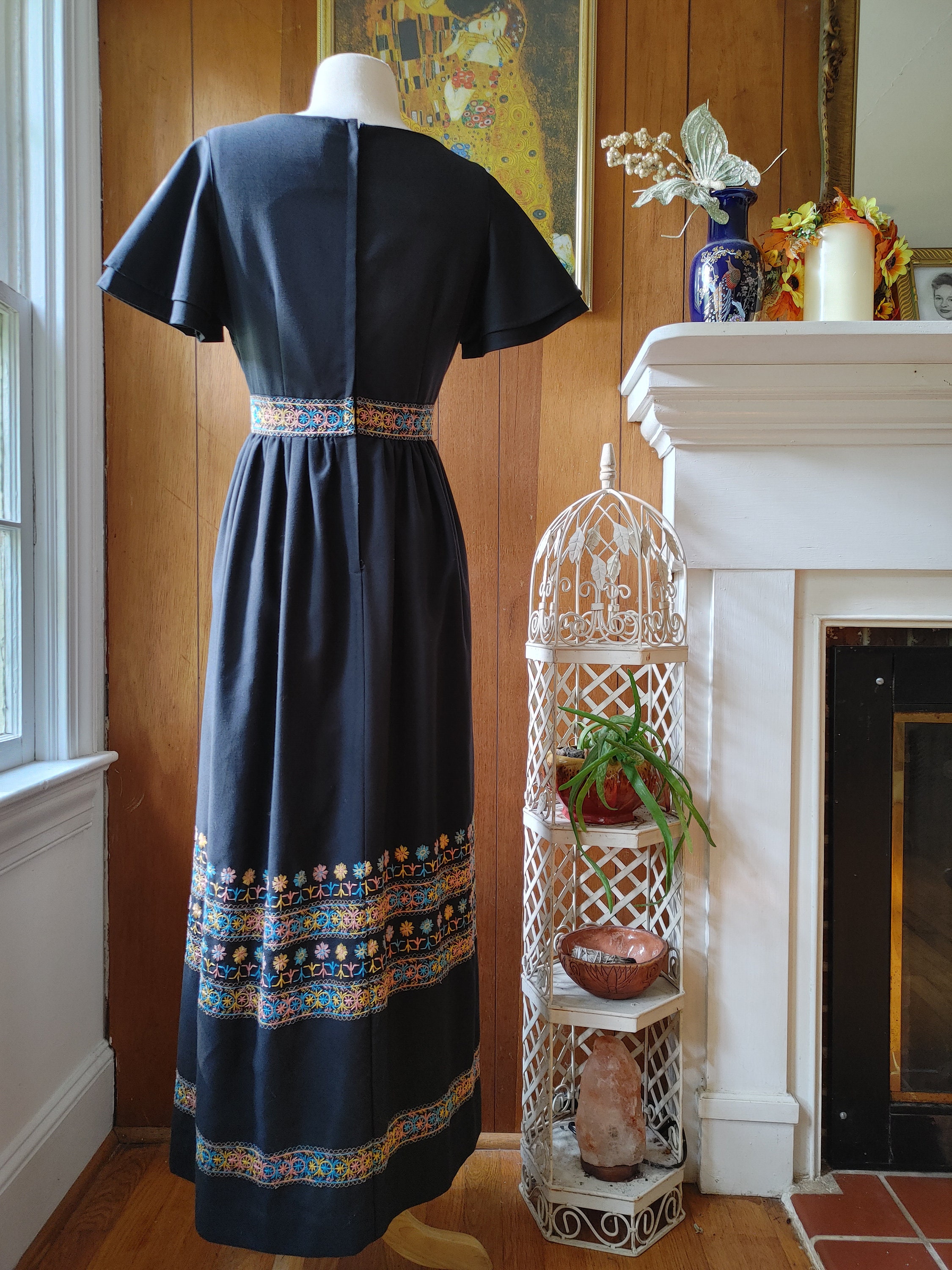 1970s Rainbow Embroidered Vicky Vaughn Folk Dress Vintage Prairie ...