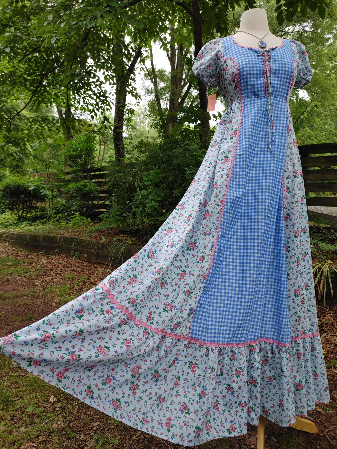 1970s NWT Deadstock Blue Gingham Rose Print Prairie Maxi Sundress Oops ...