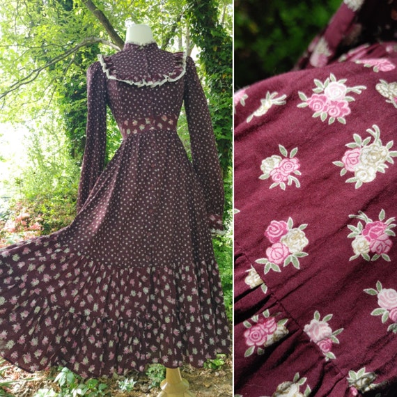 1970s Gunne Sax Rare Rose Print Prairie Midi dress me… - Gem