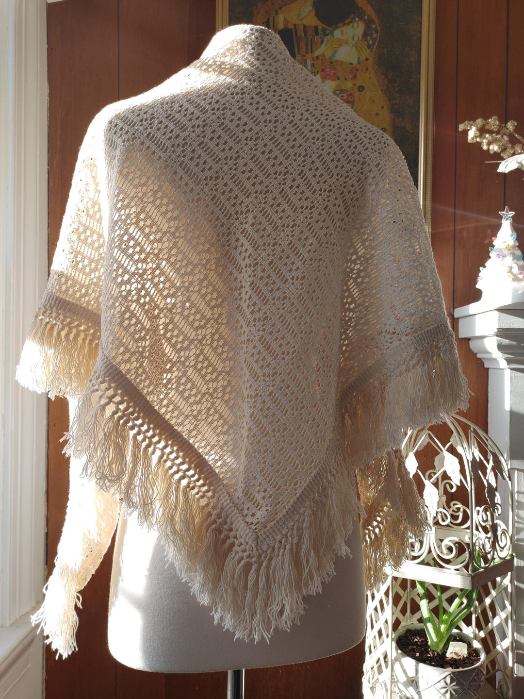 1970s Vintage Crochet Shawl Wrap Fringe Scarf Hippie Boho Fairycore ...