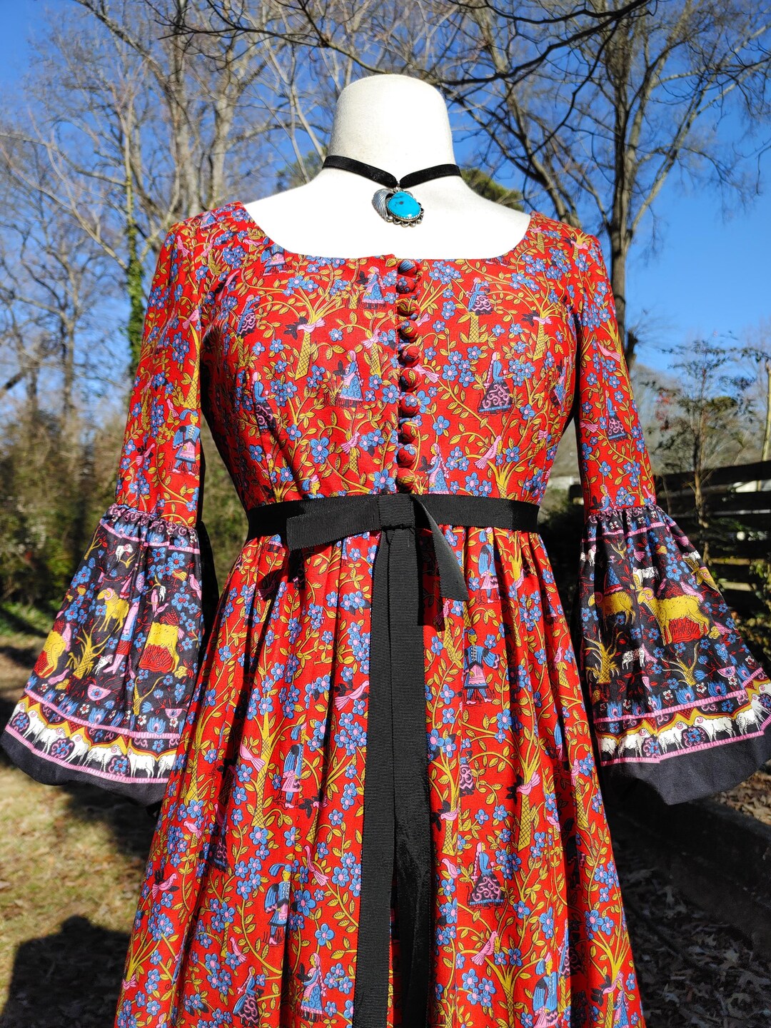 1970s Miss Elliette Folk Animals Tree Print Peasant Maxi Dress ...