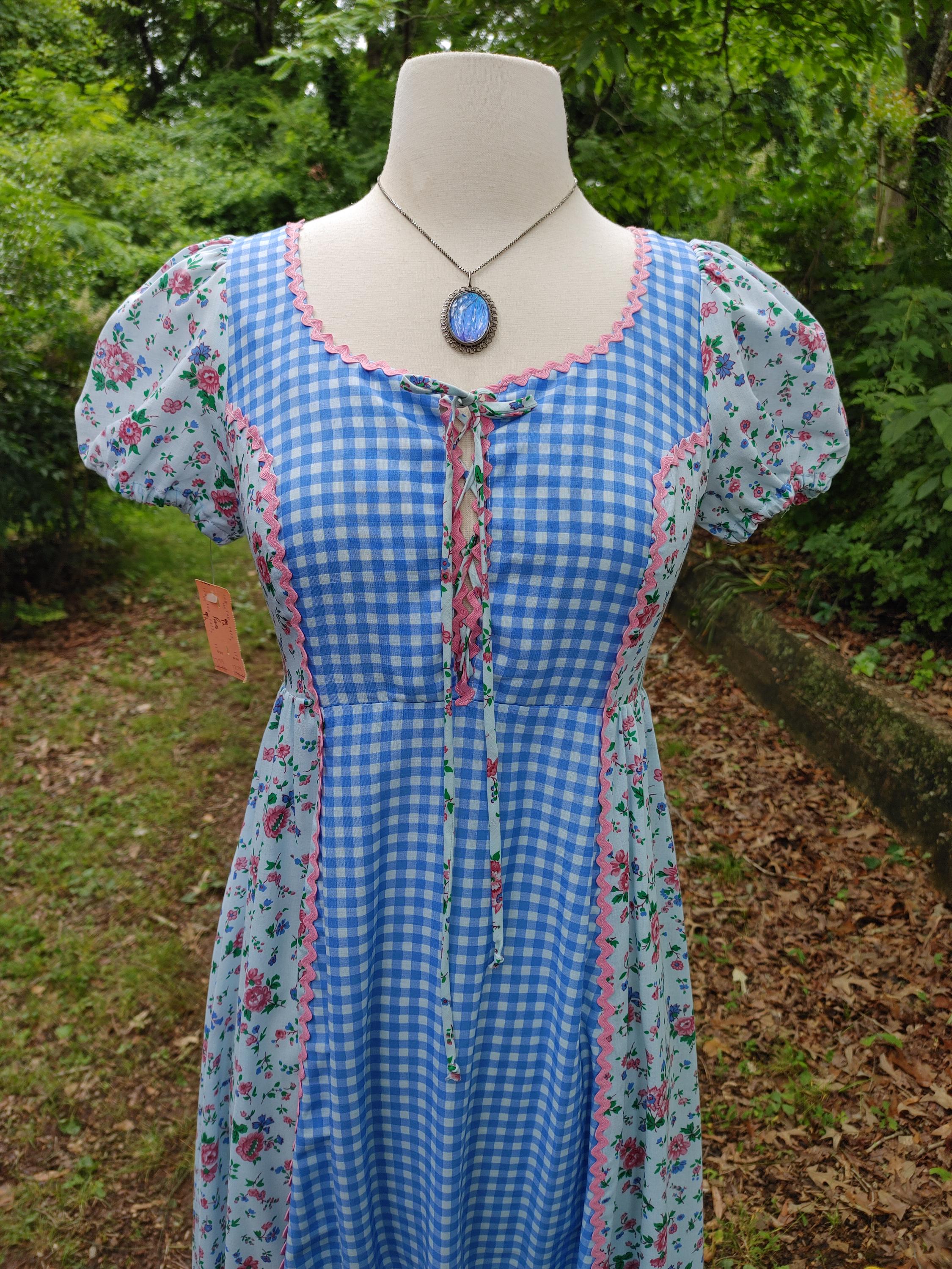 1970s NWT Deadstock Blue Gingham Rose Print Prairie Maxi Sundress Oops ...