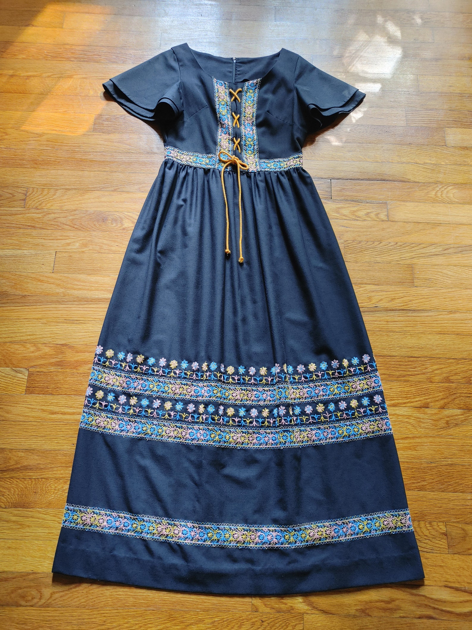 1970s Rainbow Embroidered Vicky Vaughn Folk Dress Vintage Prairie ...