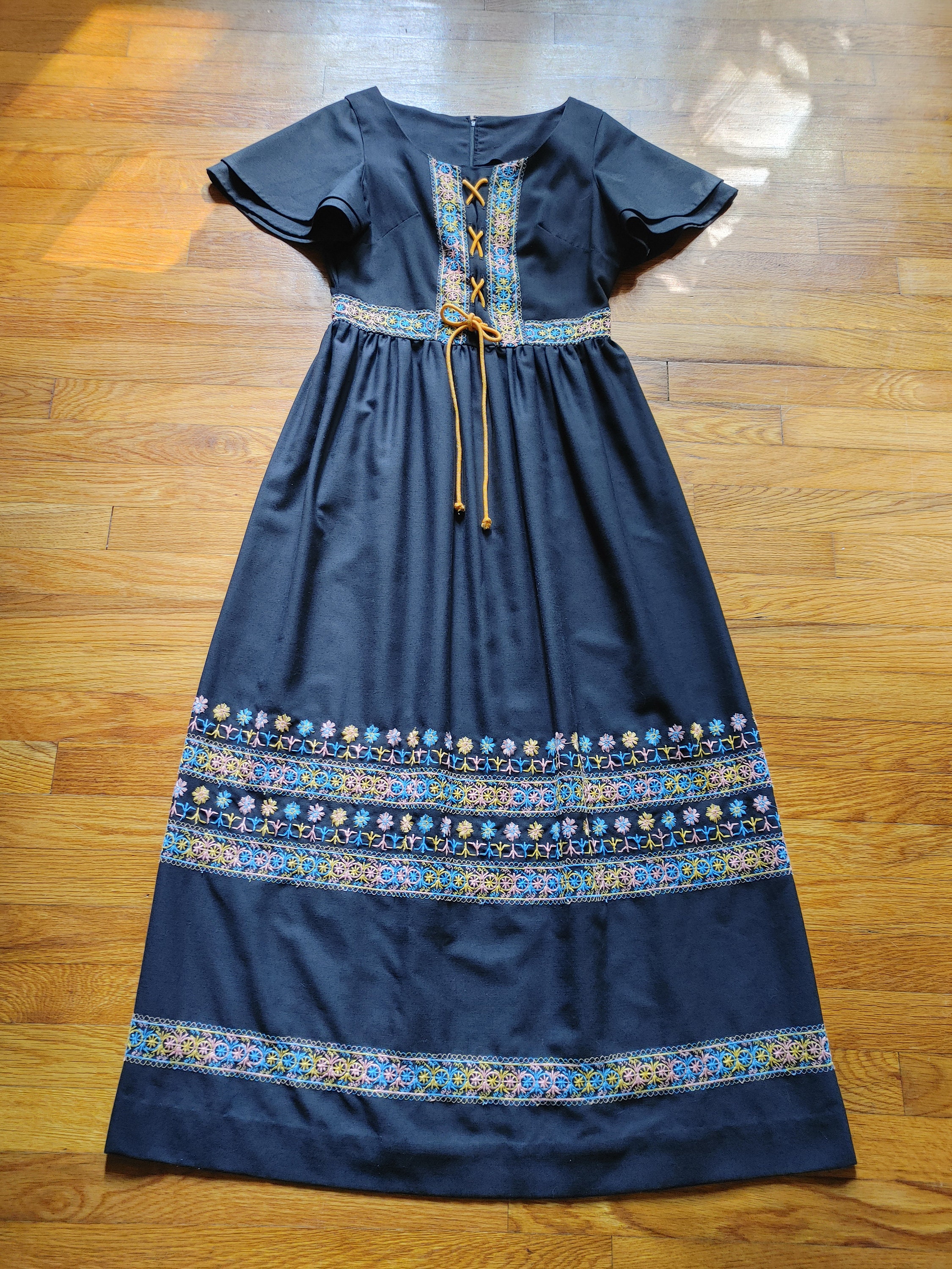 1970s Rainbow Embroidered Vicky Vaughn Folk Dress Vintage Prairie ...