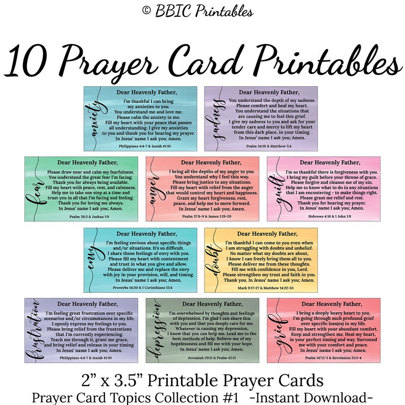 10 Printable Topic Prayer Cards C1 INSTANT DOWNLOAD Prayer | Etsy