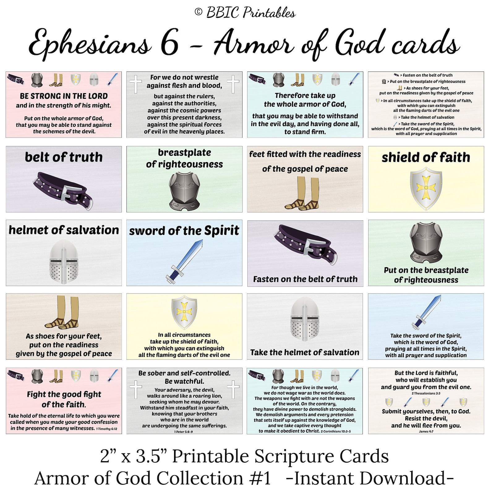 Armor of God Scripture Cards -C1- INSTANT DOWNLOAD, Ephesians 6:10-17 ...
