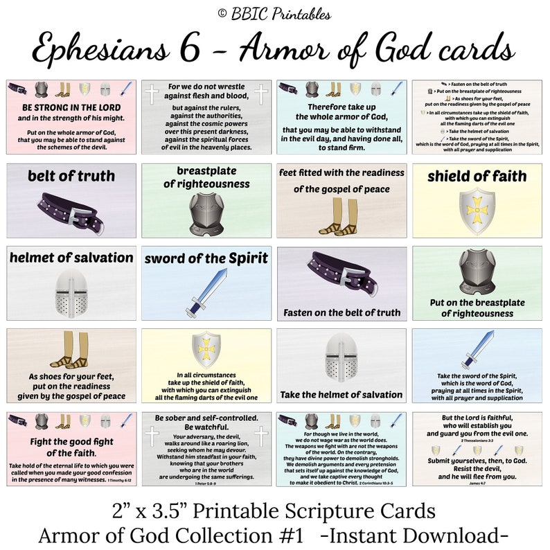 Armor of God Scripture Cards -C1- INSTANT DOWNLOAD, Ephesians 6:10-17 ...