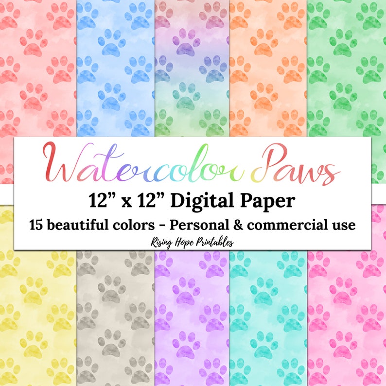 Watercolor Paw Print Paper- INSTANT DOWNLOAD, 12x12 15 Colors ...