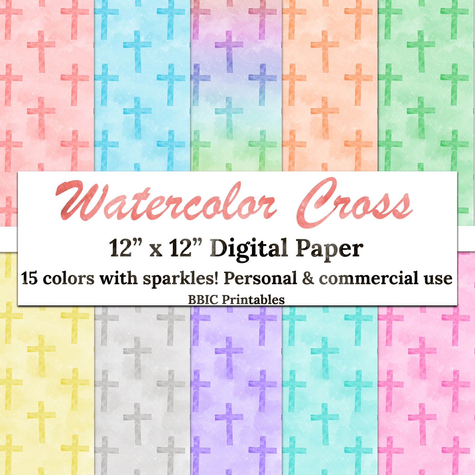 Watercolor Cross Digital Paper- INSTANT DOWNLOAD, 12x12 15 Colors ...