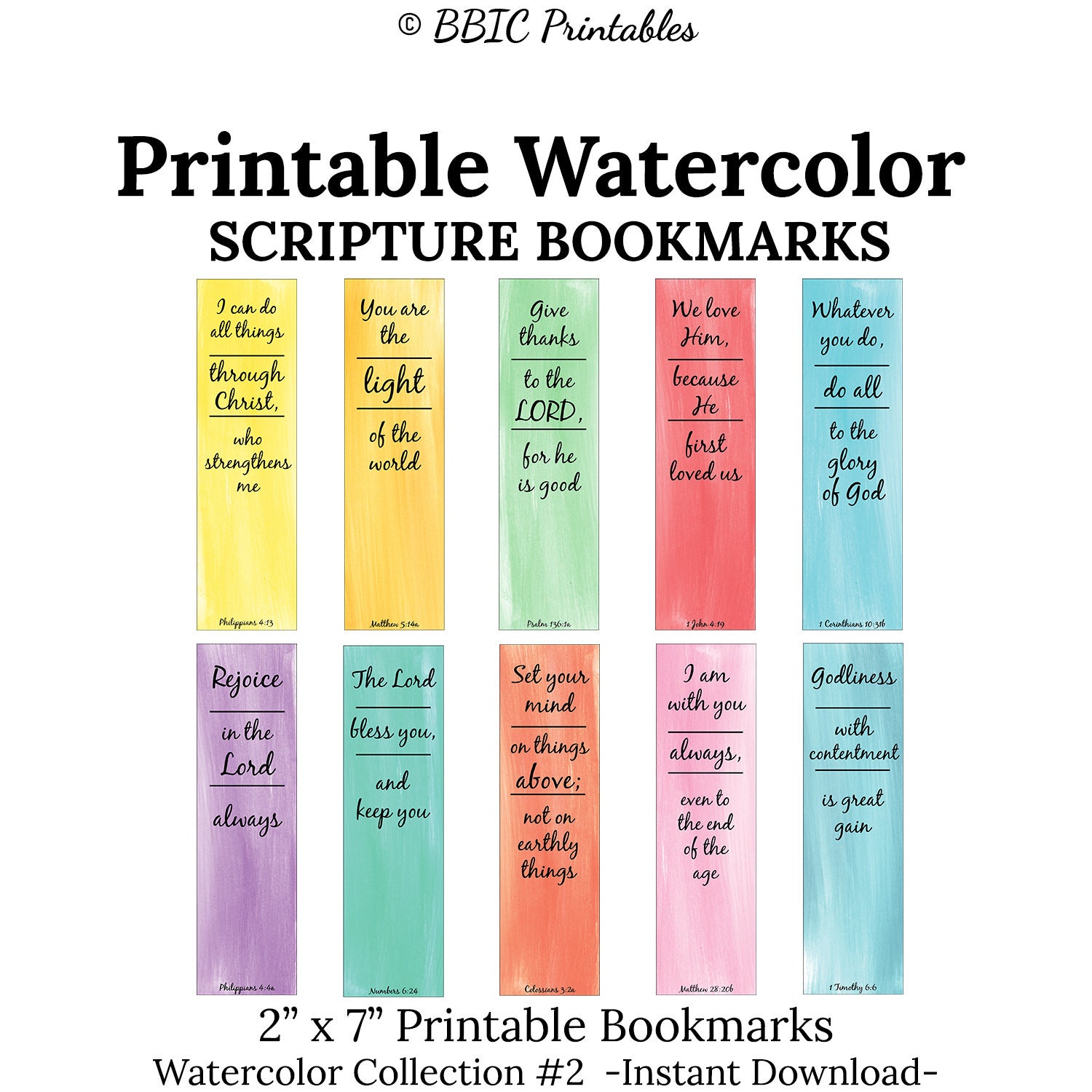 10 Watercolor Bookmarks Printable Scripture -C2- INSTANT DOWNLOAD, 2x7 ...